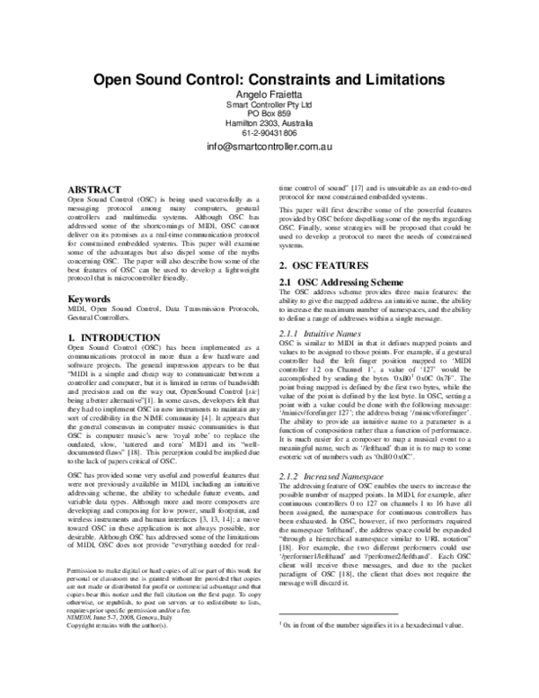 (PDF) Open Sound Control: Constraints and Limitations