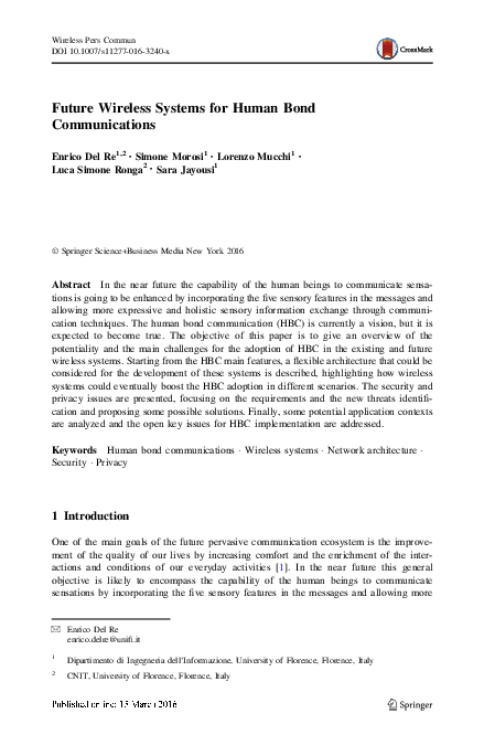 (PDF) Future Wireless Systems for Human Bond Communications