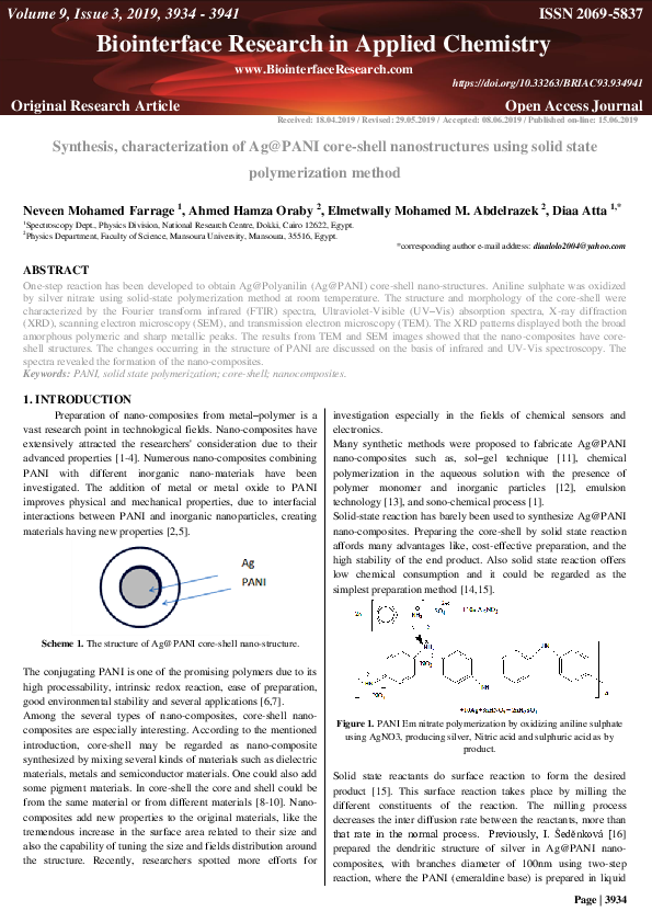 (PDF) Synthesis, characterization of Ag@PANI core-shell nanostructures using solid state ...