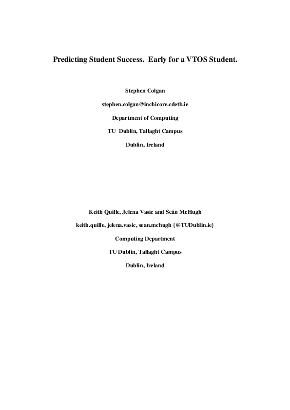 (PDF) Predicting Student Success. Early for a VTOS Student