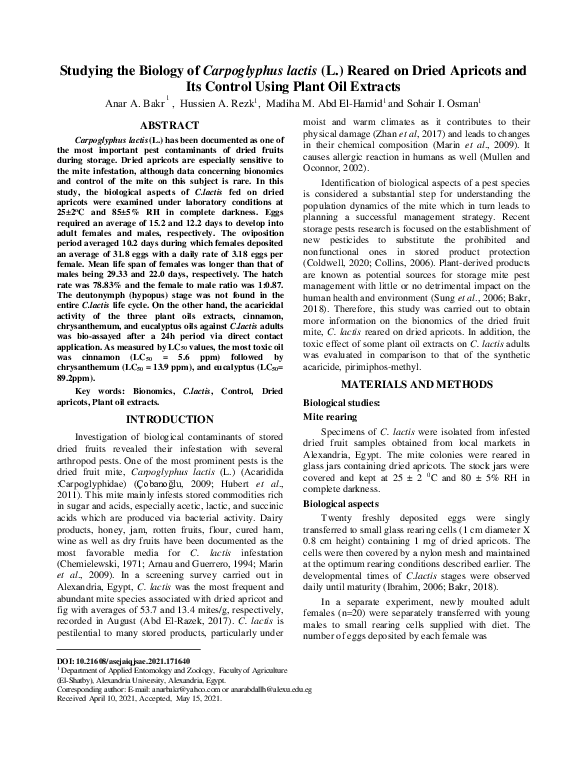 (PDF) Studying the Biology of Carpoglyphus lactis (L.) Reared on Dried ...