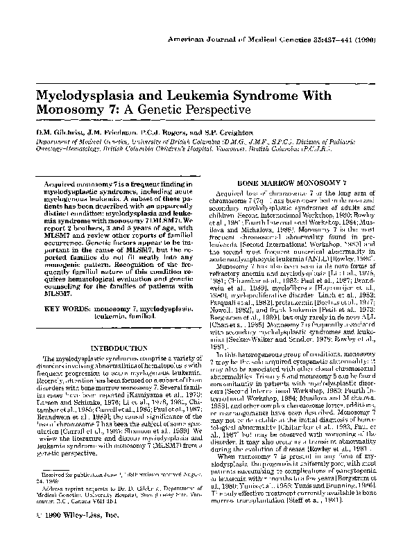 (PDF) Myelodysplasia and leukemia syndrome with monosomy 7: A genetic ...