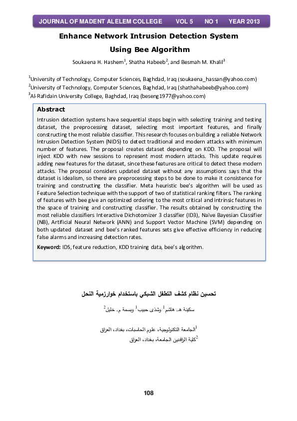 (PDF) Enhance Network Intrusion Detection System Using Bee Algorithm