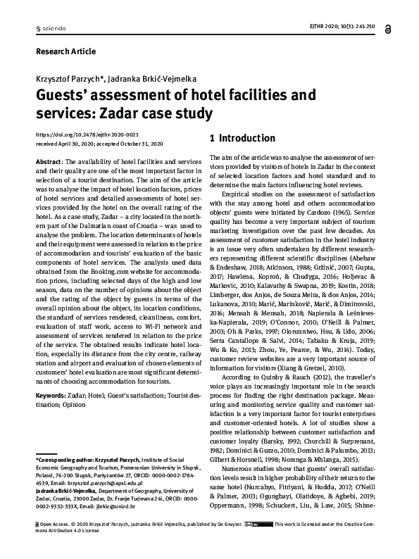 (PDF) Guests’ assessment of hotel facilities and services: Zadar case study