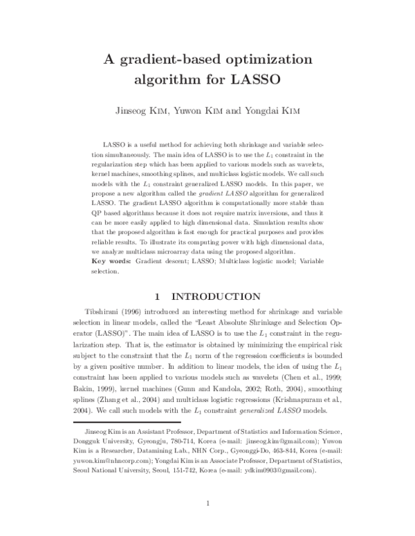 (PDF) A Gradient-Based Optimization Algorithm for LASSO (PDF) A Gradient-Based Optimization Algorithm for LASSO