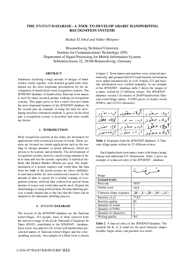 (PDF) The IFN/ENIT-database - a tool to develop Arabic handwriting recognition systems