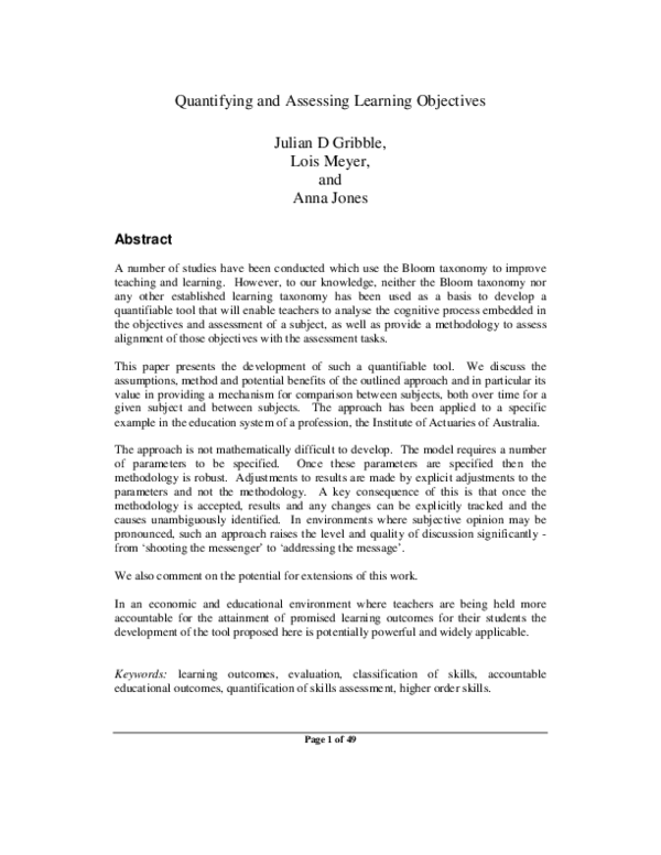 (PDF) Quantifying and Assessing Learning Objectives | jules gribble ...