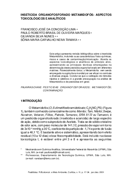 (PDF) Inseticida Organofosforado Metamidofós: Aspectos Toxicológicos e ...