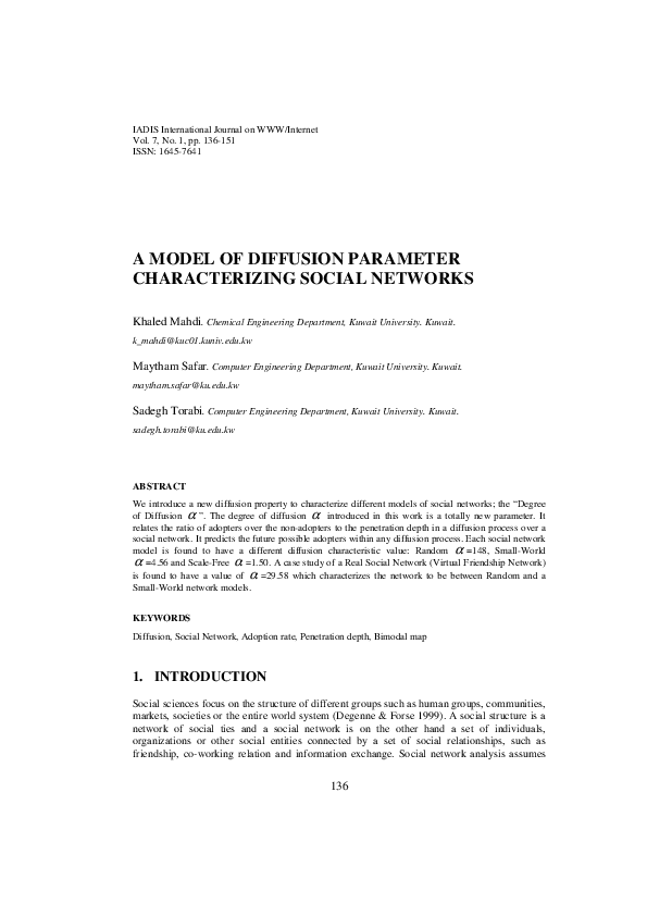 (PDF) A model of diffusion parameter characterizing social networks