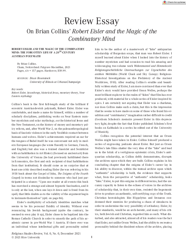 (PDF) On Brian Collins' Robert Eisler and the Magic of the Combinatory ...