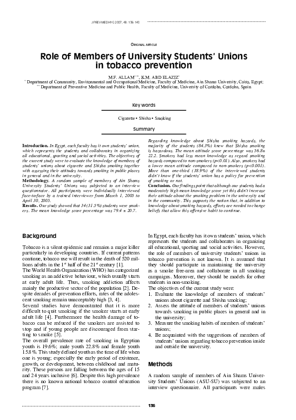 (PDF) Role of members of university students' unions in tobacco prevention