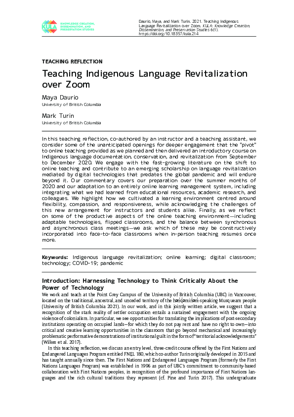 (PDF) Teaching Indigenous Language Revitalization over Zoom