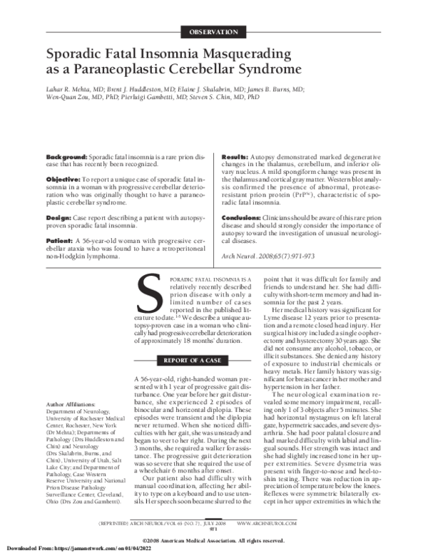 (PDF) Sporadic Fatal Insomnia Masquerading as a Paraneoplastic ...