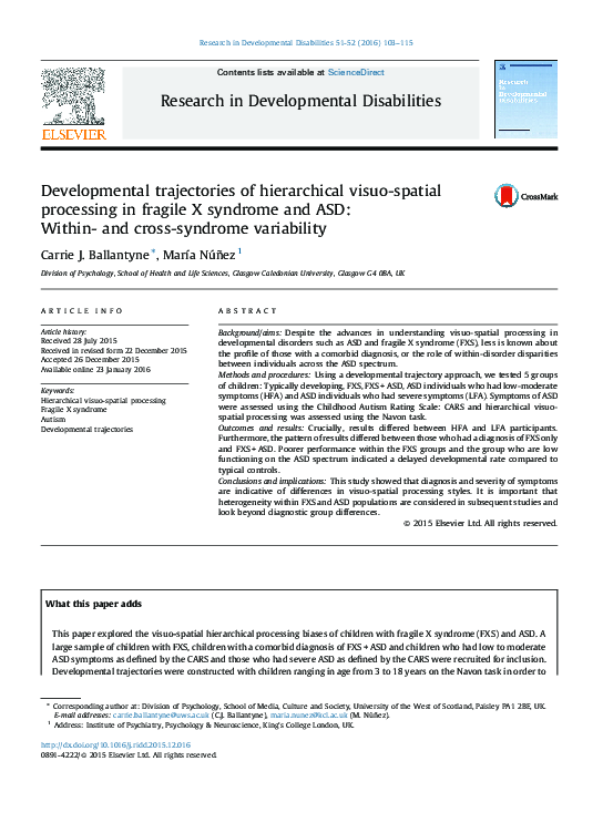 Pdf Developmental Trajectories Of Hierarchical Visuo Spatial Processing In Fragile X Syndrome