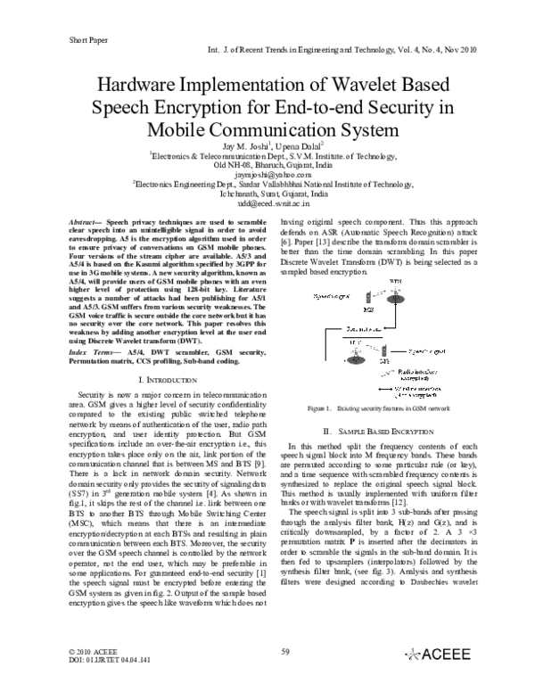 (PDF) Hardware Implementation of Wavelet Based Speech Encryption for End-to-end Security in ...