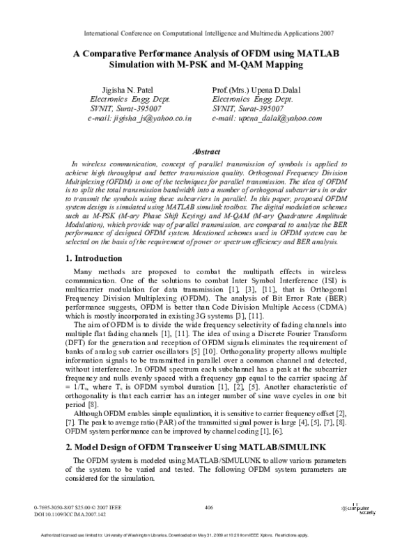 Pdf A Comparative Performance Analysis Of Ofdm Using Matlab Simulation With M Psk And M Qam