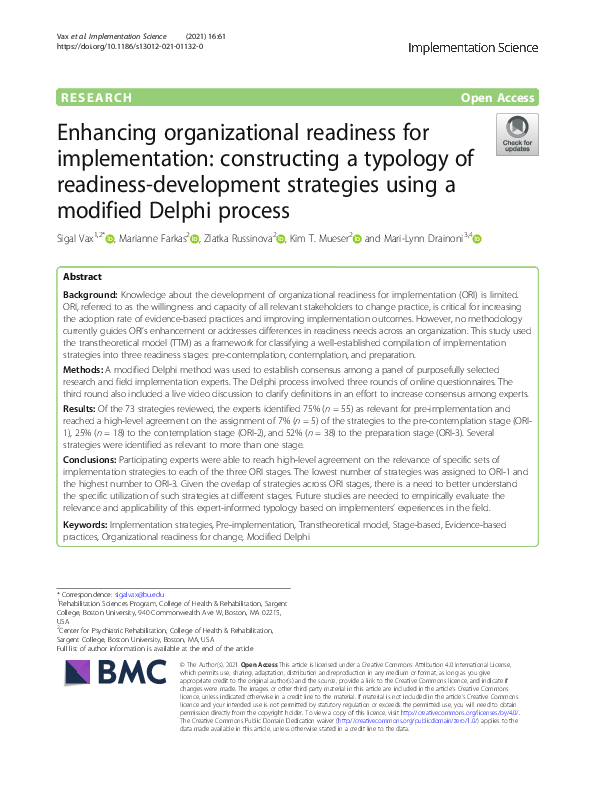 (PDF) Enhancing organizational readiness for implementation: constructing a typology of ...
