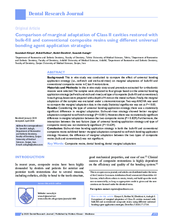 Pdf Comparison Of Marginal Adaptation Of Class Ii Cavities Restored With Bulk Fill And