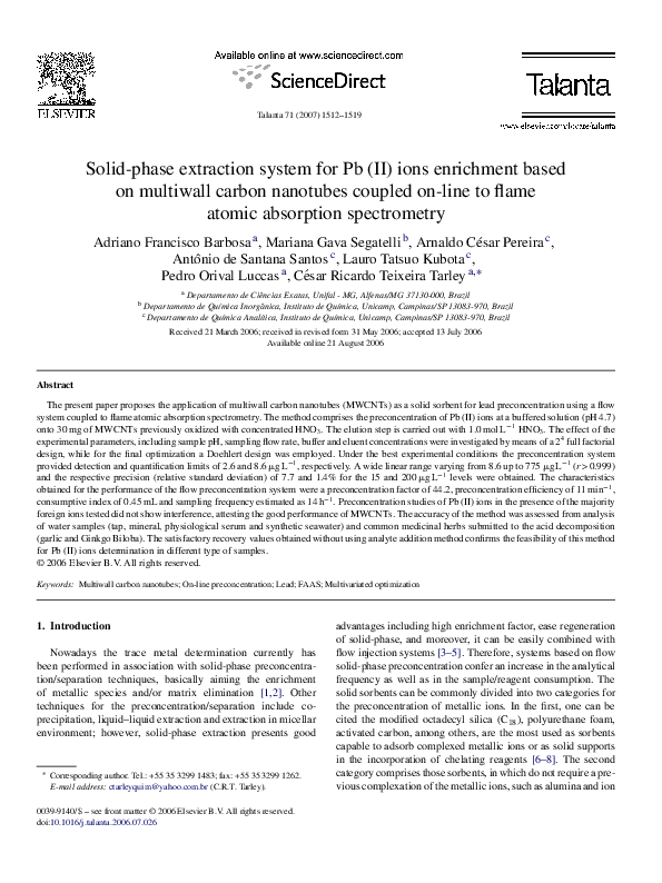 (PDF) Solid-phase extraction system for Pb (II) ions enrichment based on multiwall carbon ...