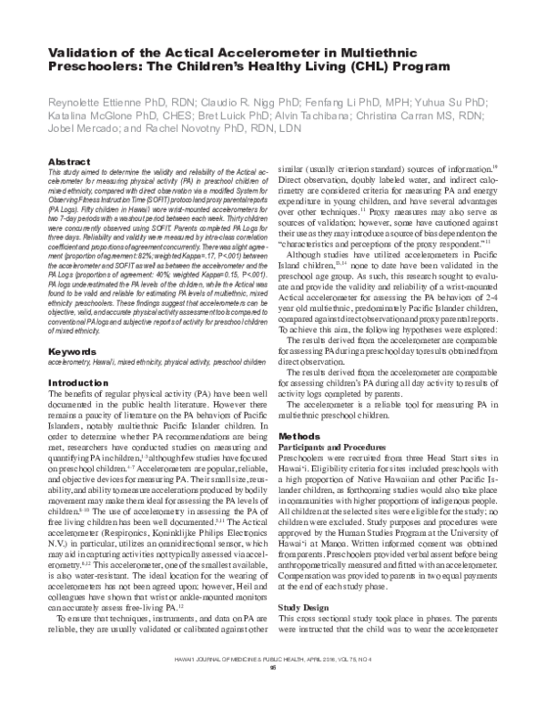 (PDF) Validation of the Actical Accelerometer in Multiethnic Preschoolers: The Children's ...