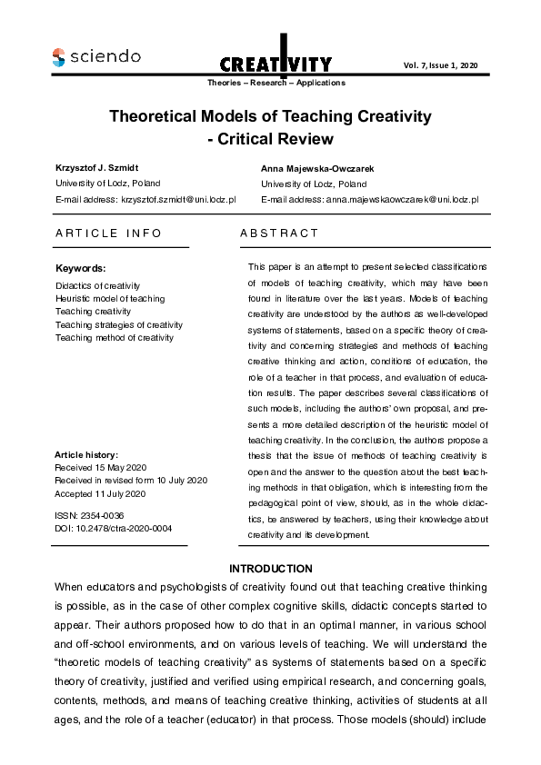 (PDF) Theoretical Models of Teaching Creativity - Critical Review