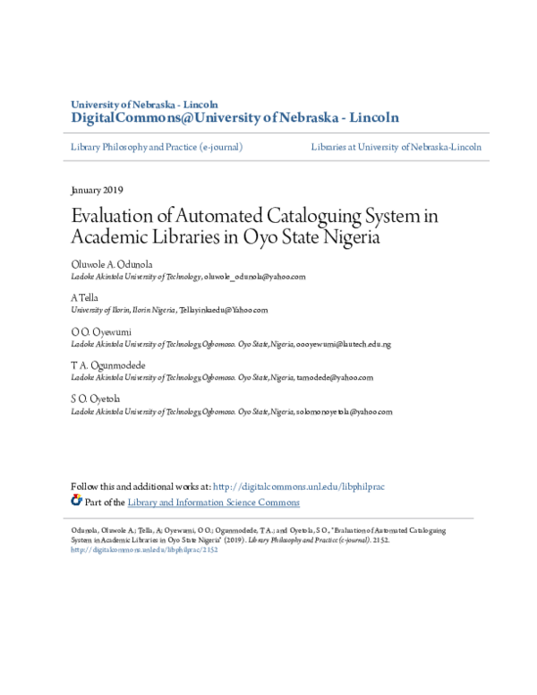 (PDF) Automated Cataloguing in Oyo State Academic Libraries
