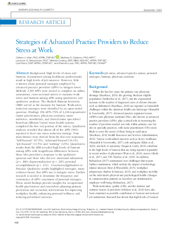 (PDF) Strategies of Advanced Practice Providers to Reduce Stress at Work