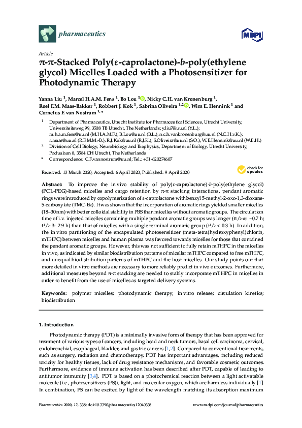 (PDF) π-π-Stacked Poly(ε-caprolactone)-b-poly(ethylene glycol) Micelles Loaded with a ...