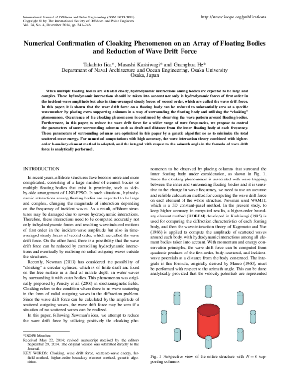 (PDF) Numerical Confirmation of Cloaking Phenomenon on an Array of Floating Bodies and Reduction ...