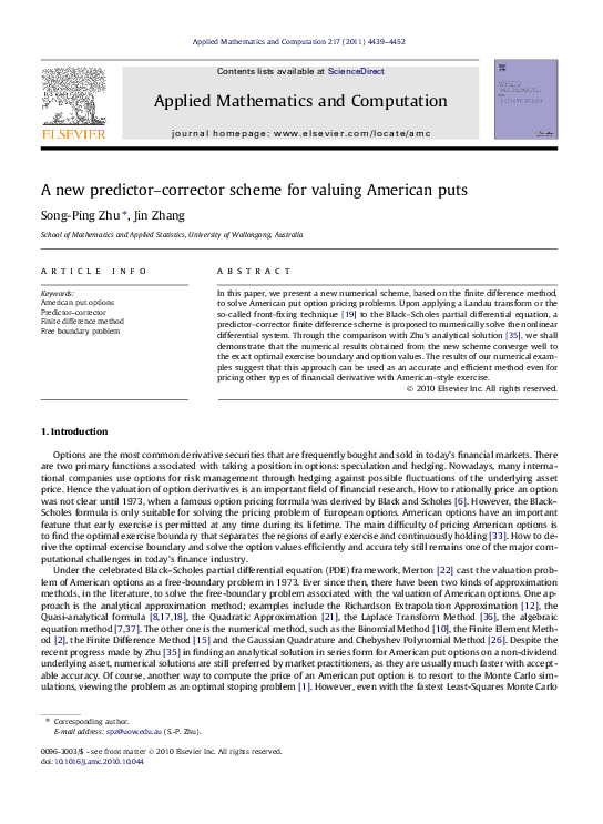 (PDF) A new predictor-corrector scheme for valuing American puts