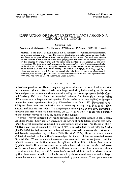 (PDF) Diffraction of short-crested waves around a circular cylinder