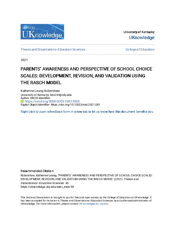 (PDF) Parents’ Awareness and Perspective of School Choice Scales: Development, Revision, and ...
