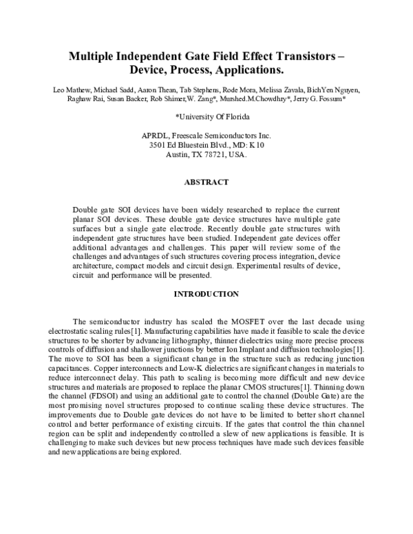 (PDF) Multiple Independent Gate Field Effect Transistors Device, Process, Applications