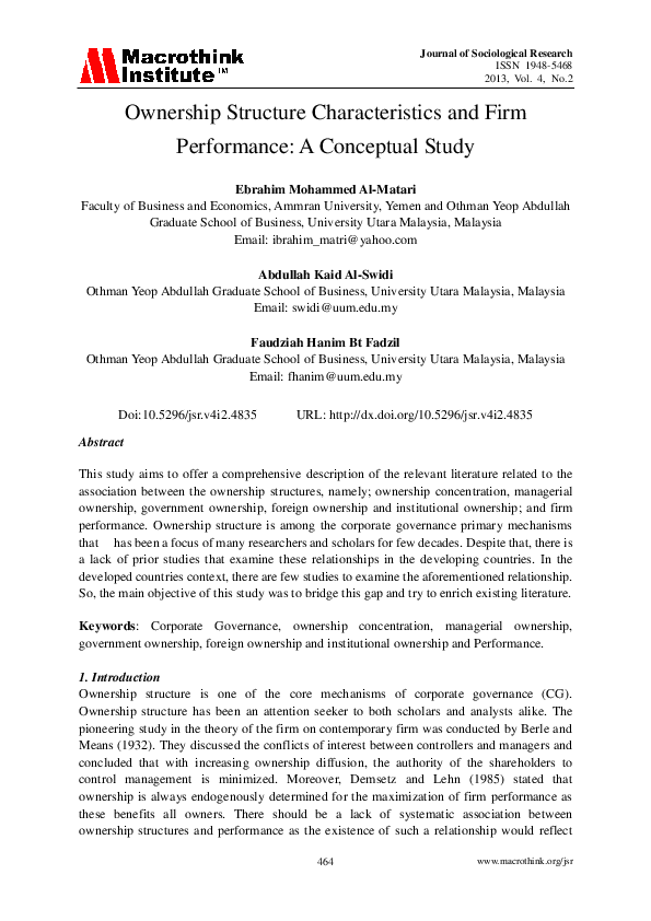 (PDF) Ownership Structure Characteristics and Firm Performance: A Conceptual Study