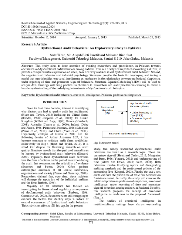 (PDF) Dysfunctional audit behaviors: an exploratory study in Pakistan