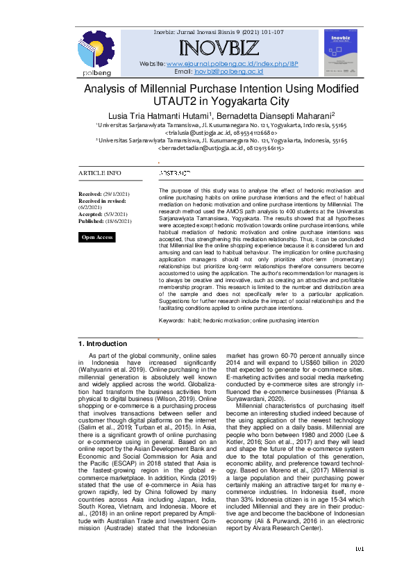 (PDF) Analysis of Millennial Purchase Intention Using Modified UTAUT2 ...
