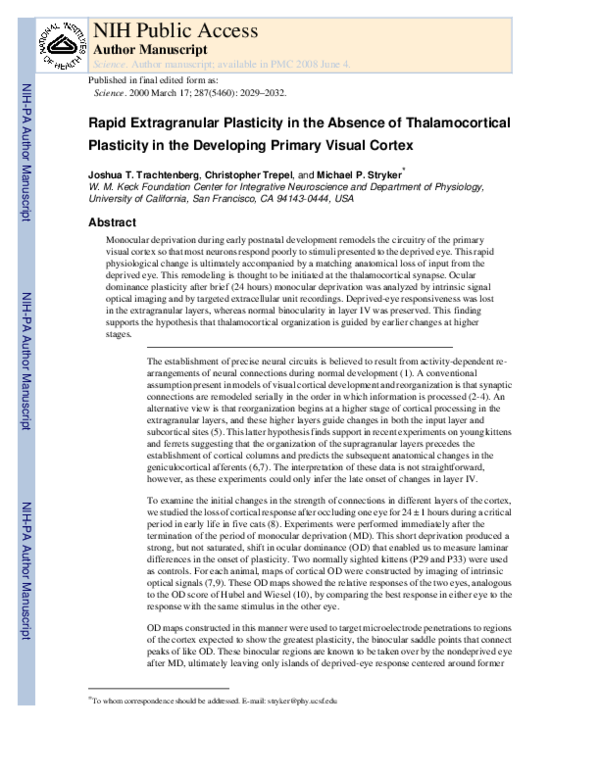 (PDF) Rapid Extragranular Plasticity in the Absence of Thalamocortical ...