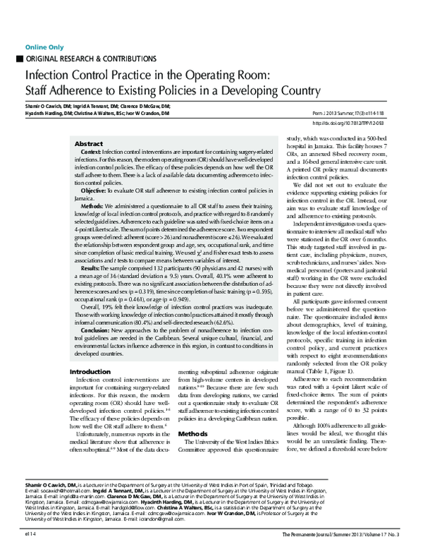 (PDF) Infection Control Practice in the Operating Room: Staff Adherence ...