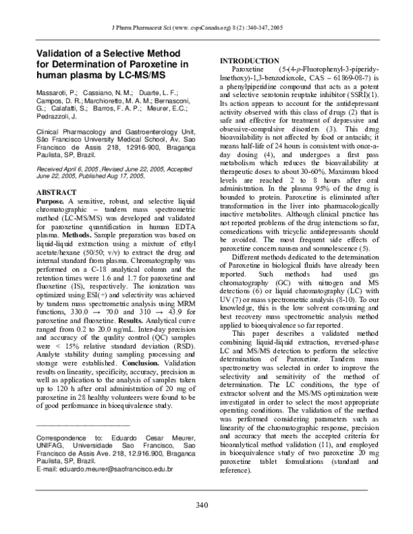 (PDF) Validation of a selective method for determination of paroxetine in human plasma by LC-MS/MS