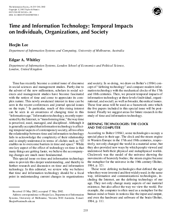 (PDF) Time and Information Technology: Temporal Impacts on Individuals ...