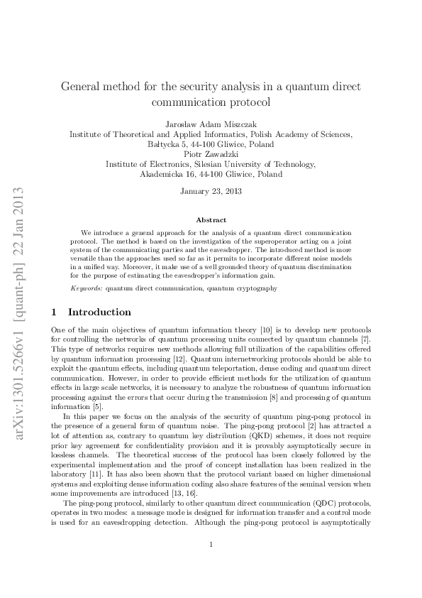(PDF) General method for the security analysis in a quantum direct communication protocol