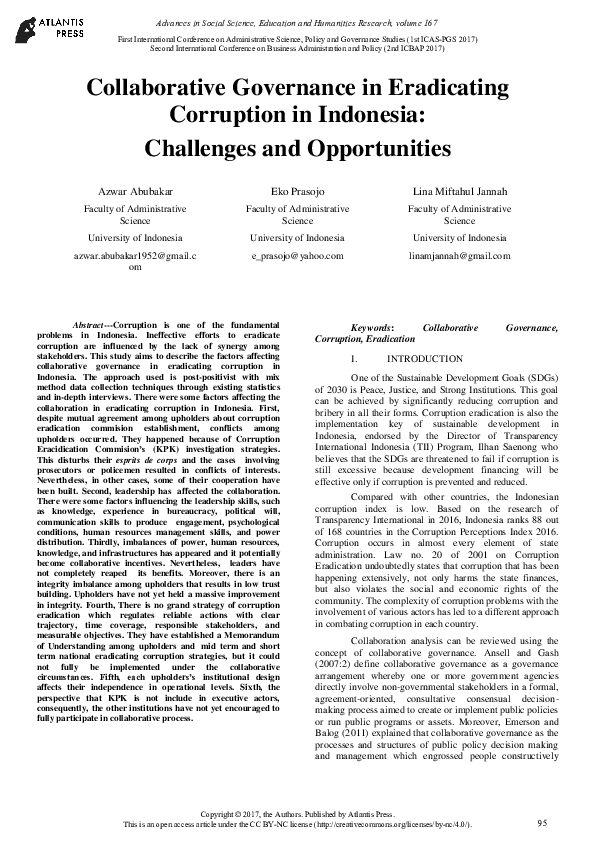 (PDF) Collaborative Governance in Eradicating Corruption in Indonesia: Challenges and Opportunities