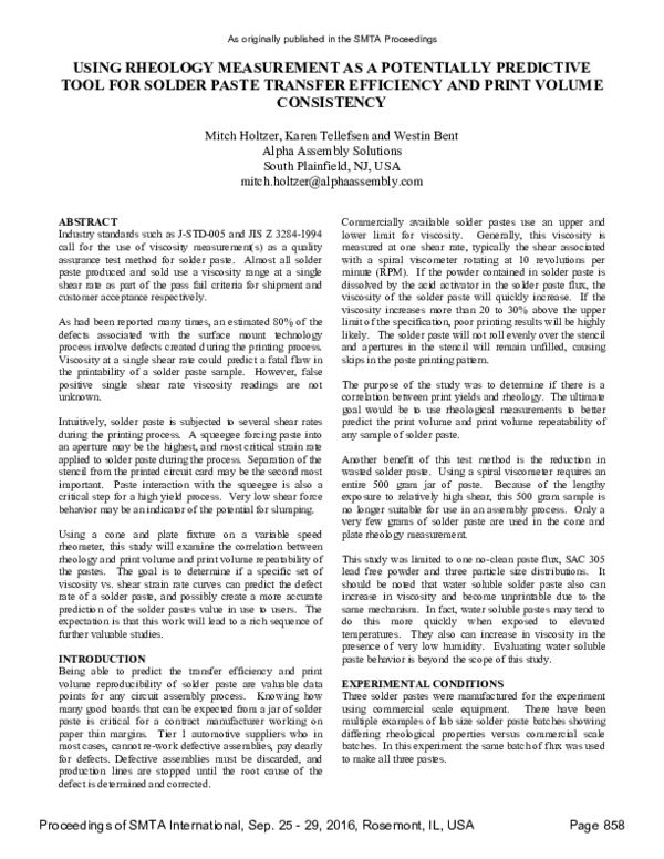 (PDF) Using Rheology Measurement as a Potentially Predictive Tool for Solder Paste Transfer ...