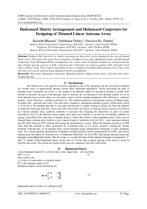 (PDF) Hadamard Matrix Arrangement and Hadamard Conjecture for Designing of Thinned Linear ...