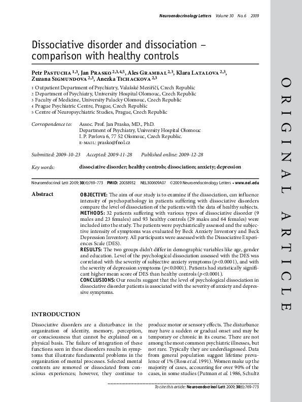 (PDF) Dissociative disorder and dissociation - comparison with healthy ...
