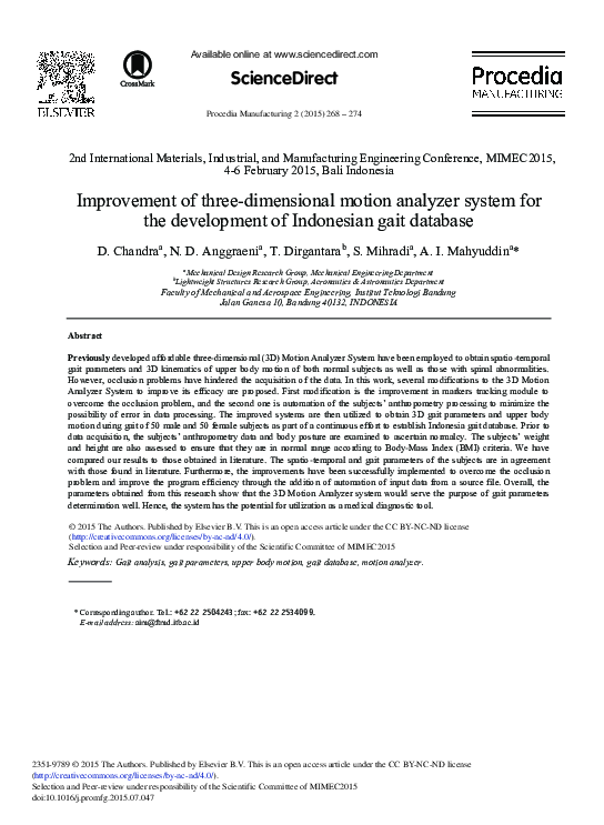 (PDF) Improvement of Three-dimensional Motion Analyzer System for the Development of Indonesian ...