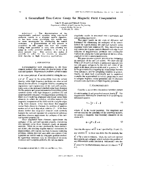 (PDF) A generalized tree-cotree gauge for magnetic field computation