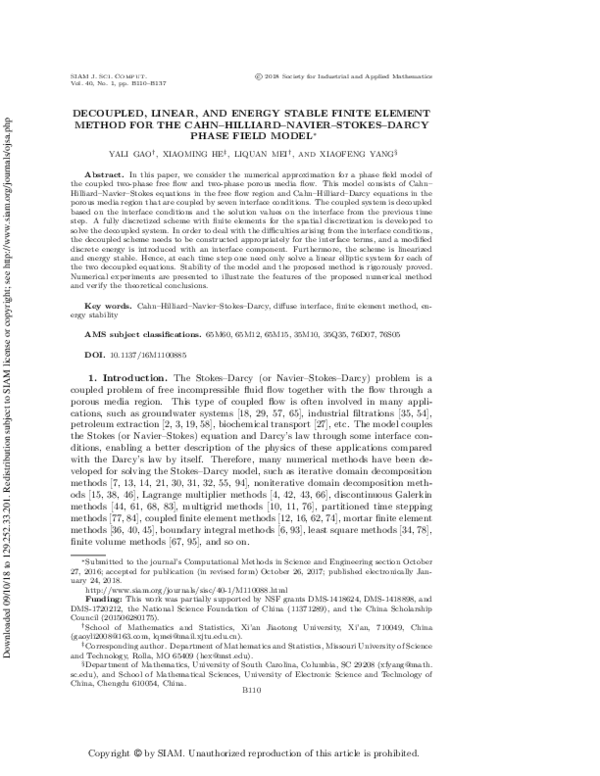 (PDF) Decoupled, Linear, and Energy Stable Finite Element Method for the Cahn--Hilliard--Navier ...