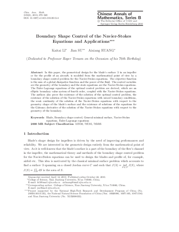 (PDF) Boundary shape control of the Navier-Stokes equations and ...