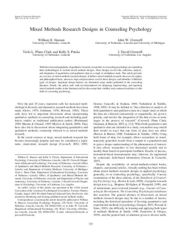 (PDF) Mixed methods research designs in counseling psychology